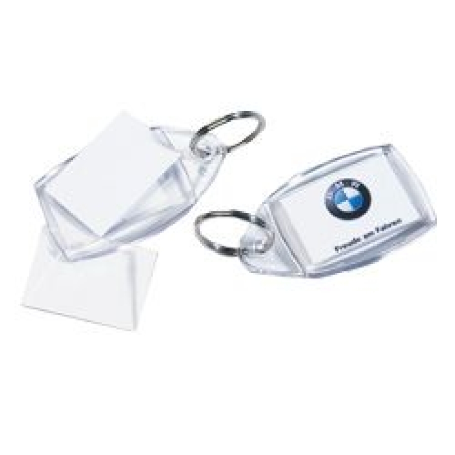 Clear Perspex/plastic key fobs can be personalised - Call 08442 250155