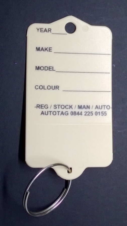 Pre-printed plastic key tags with Year-Make-Model-Colour & steel ring