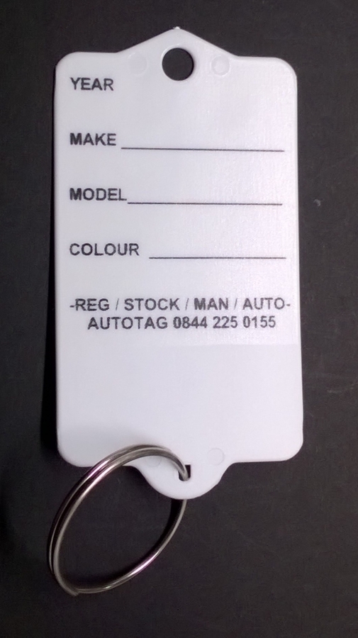 Pre-printed plastic key tags with Year-Make-Model-Colour & steel ring