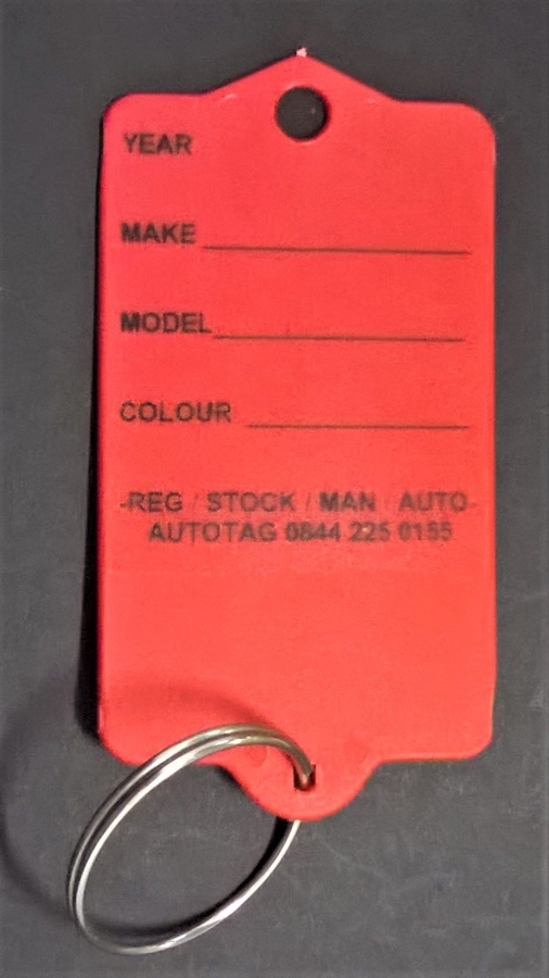 Pre-printed plastic key tags with Year-Make-Model-Colour & steel ring