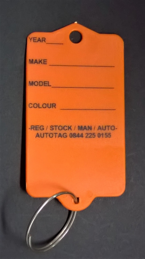 Pre-printed plastic key tags with Year-Make-Model-Colour & steel ring
